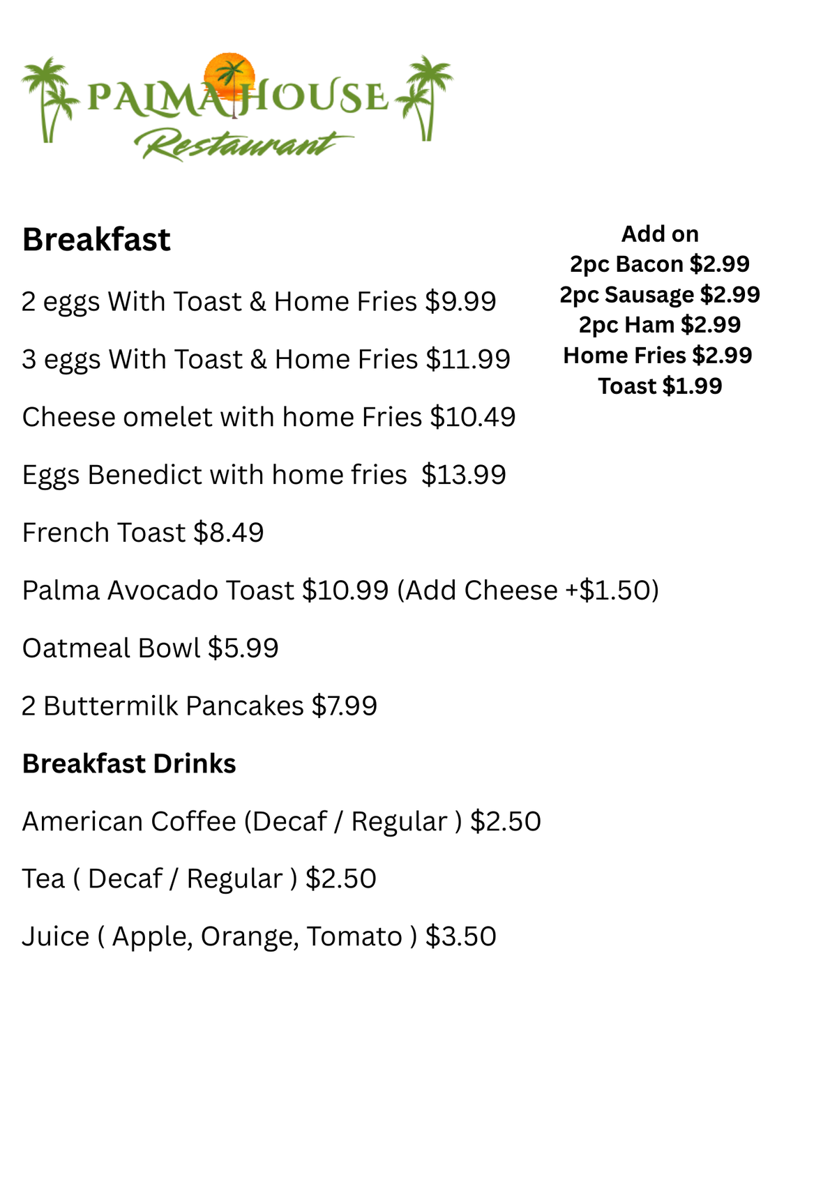 Palma House Restaurant Menu