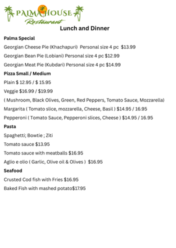 Palma House Restaurant Menu