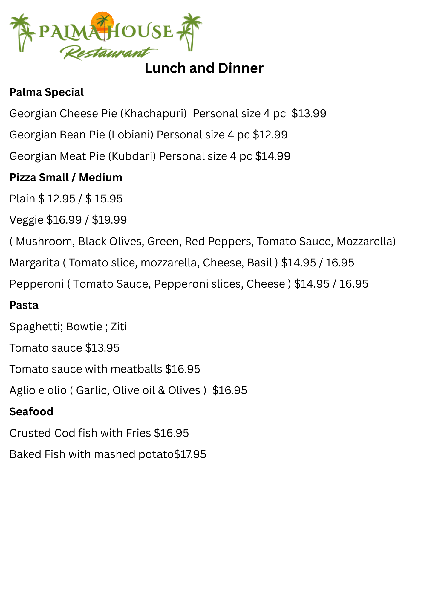 Palma House Restaurant Menu