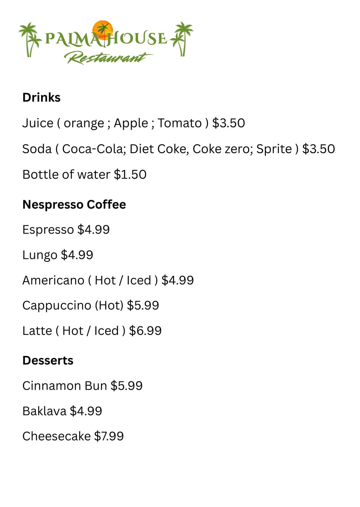 Palma House Restaurant Menu