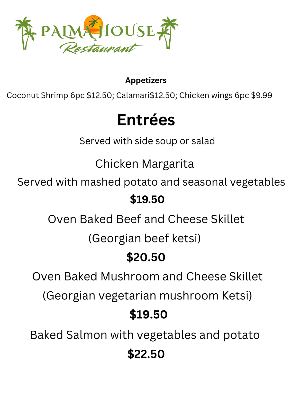 Palma House Restaurant Menu