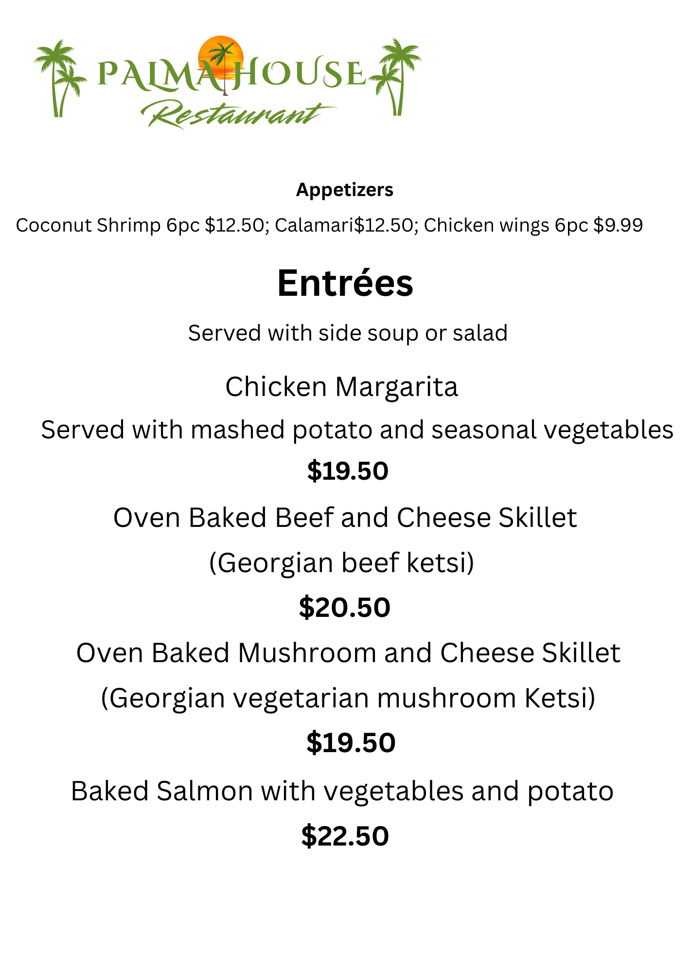 Palma House Restaurant Menu